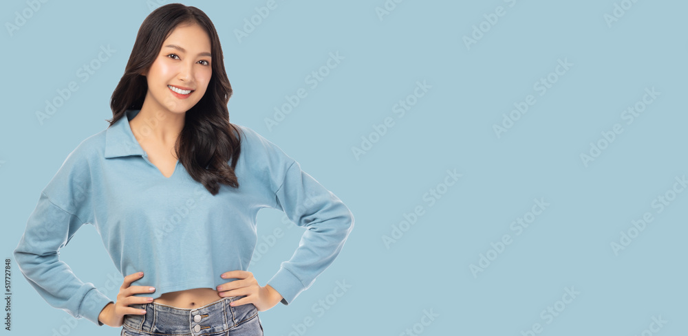 Portrait smiling young asian woman with Arms Akimbo Happy asia girl ...