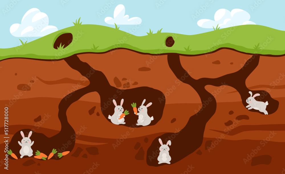 Plakát Králičí rodinka žijící v podzemí v dírách, kreslená plochá ...