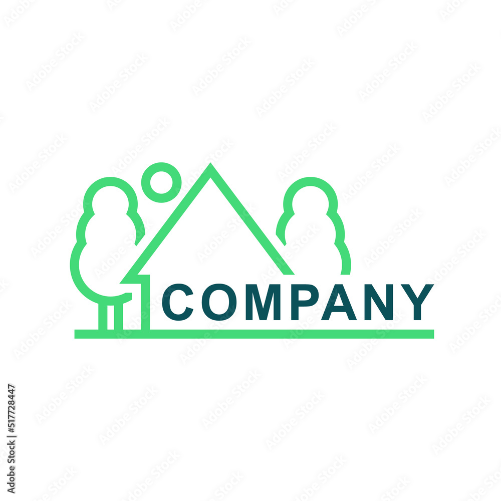 Green logo with country house and landscape. Simple minimal design and ...