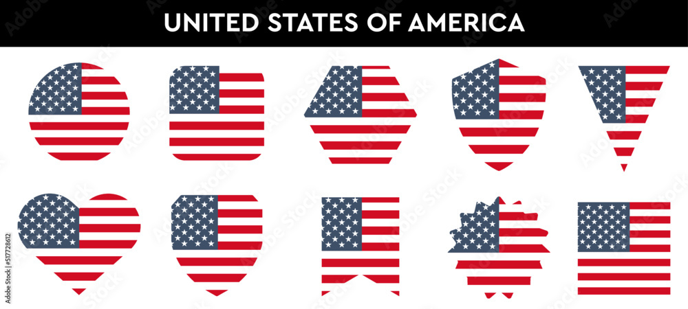 USA flag in different shapes. Vector isolated on white. USA labels set ...