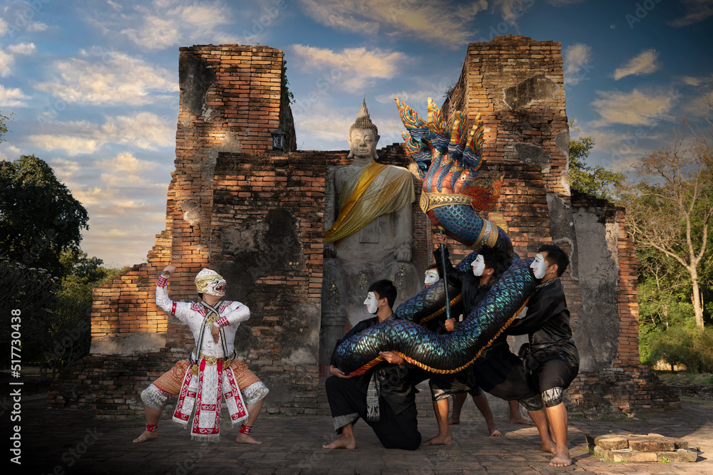 Dramatic masked dancing (Khon) performance showing Hanuman (monkey god ...