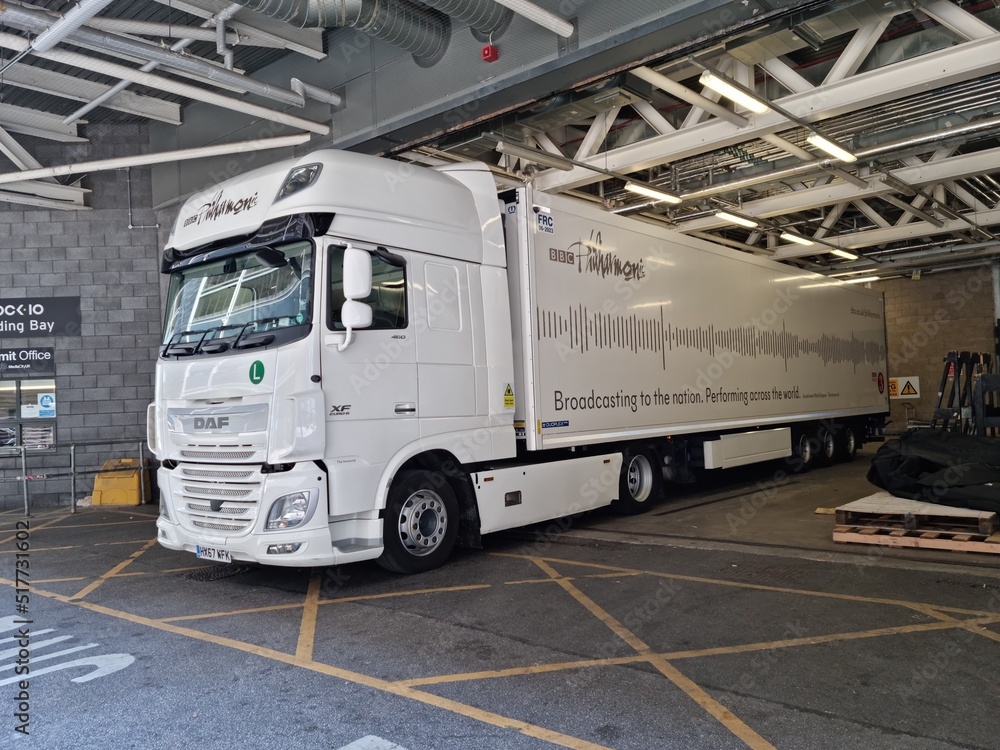 Media City, Salford Quays. UK 07 16 2022 White articulated lorry ...