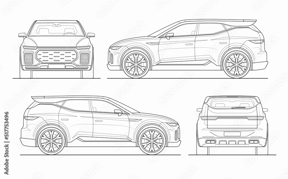 Modern SUV car mockup in outlines, contours. Set of blueprints of non ...