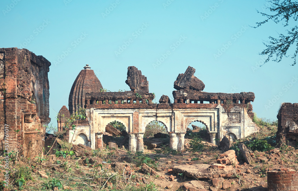 Dome of Pancharatna Hindu temple visible through ruined brick made ...
