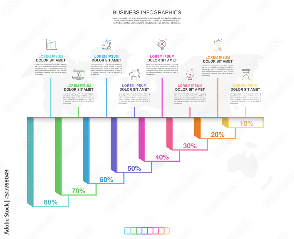 Line vector infographics. Creative of columns bar chart with eight ...