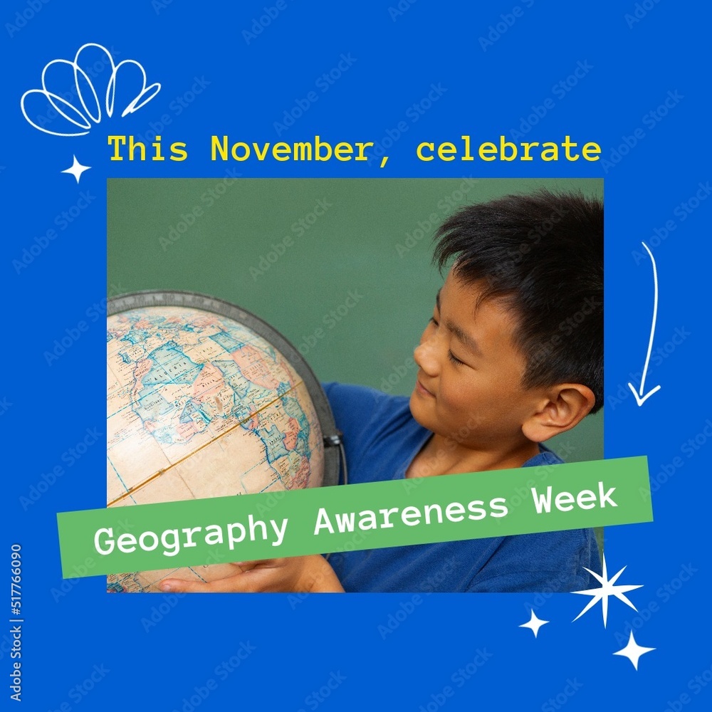 Square image of geography awareness week text with asian boy using ...