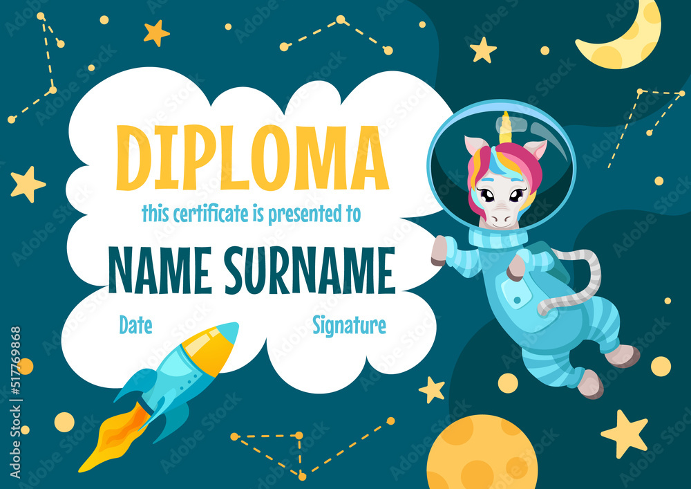 Cute school or preschool diploma certificate for kids with unicorn ...