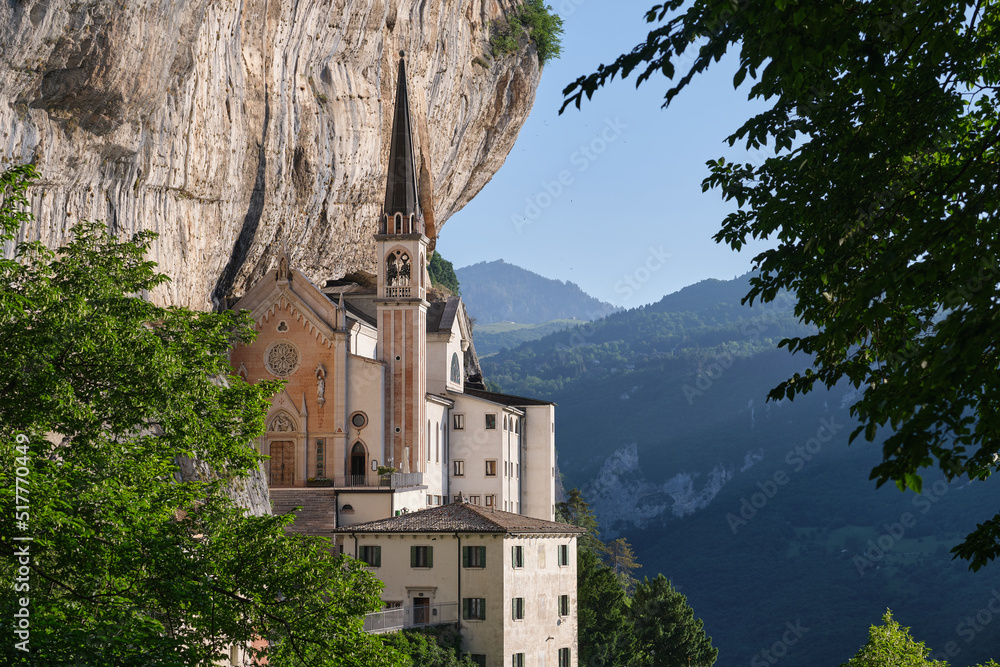 Madonna della Corona Sanctuary view, surrounded by mountains. Church in ... Madonna della Corona Sanctuary view, surrounded by mountains. Church in ...