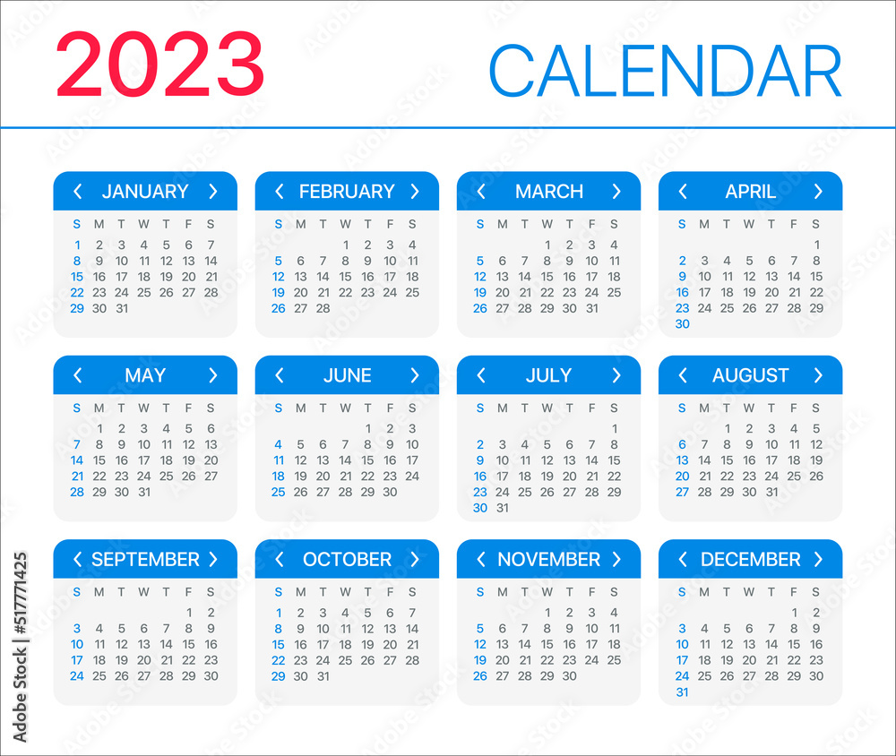 2023 Calendar - vector template gtaphic illustration - Sunday to Monday ...