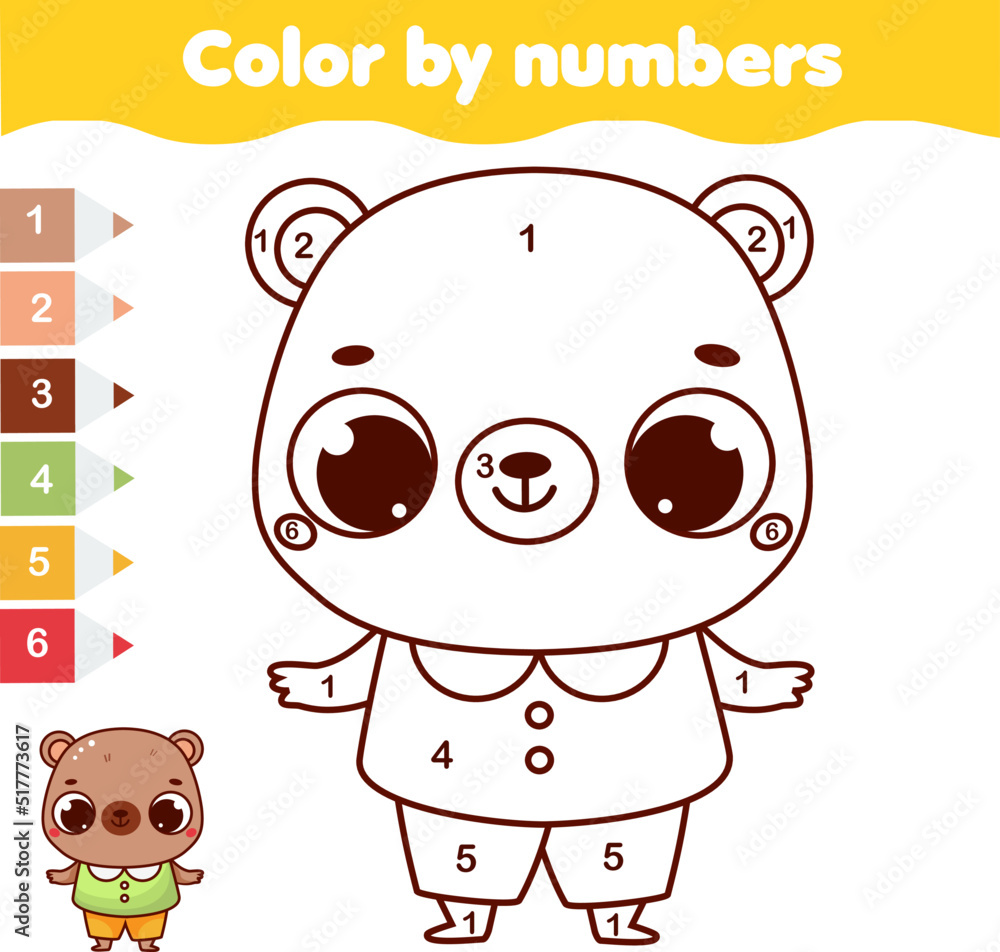 Coloring page with cute cartoon bear. Color by numbers picture for ...