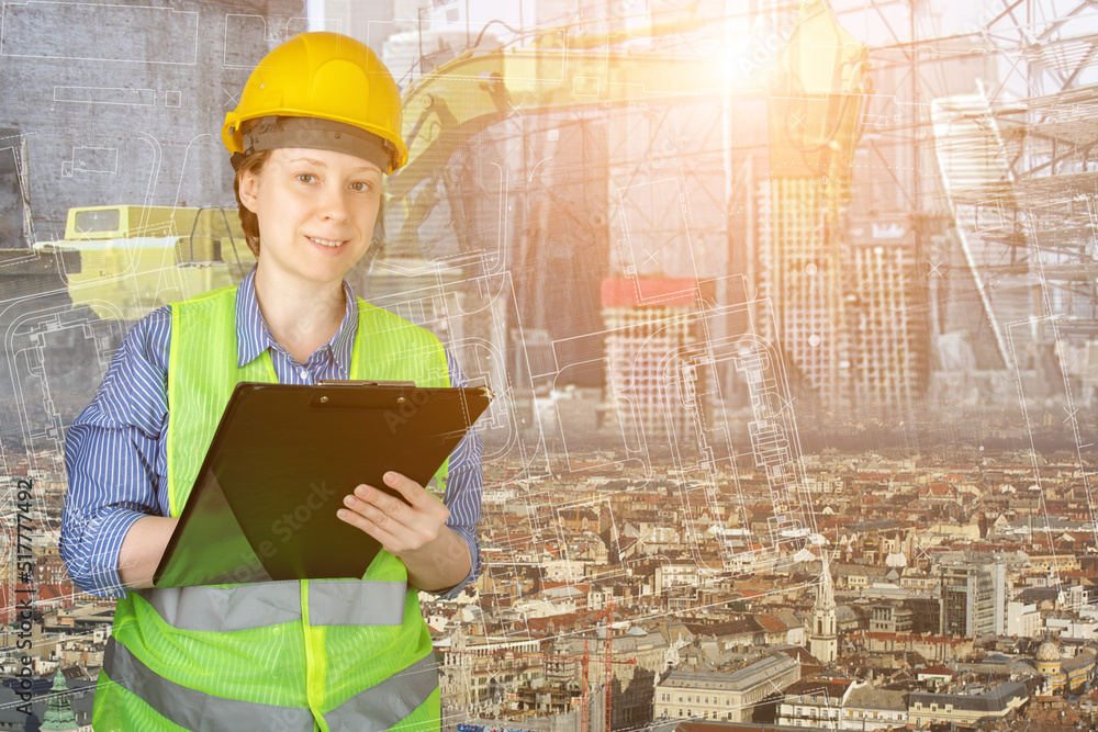 urban planning engineer, builder inspector in a helmet in a vest on the ...