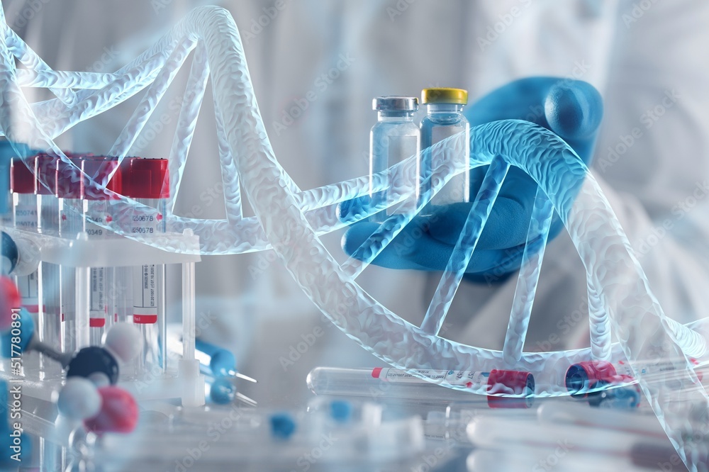 Scientist with tube and virtual screen with data scientific at genetic ...