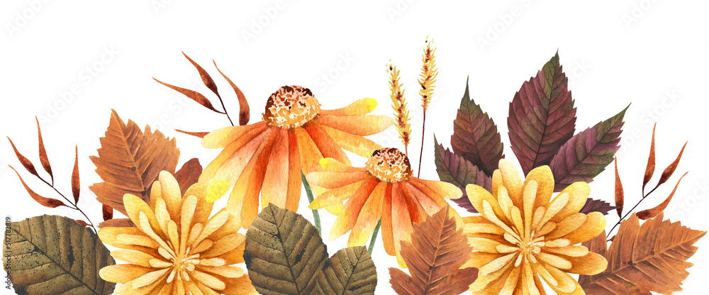 Watercolor autumn floral frame. Border with fall maple, rowan, grape ...