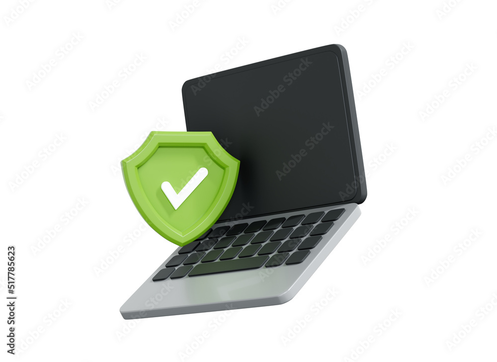 3D Computer laptop with security shield. Cyber privacy concept. Safety ...