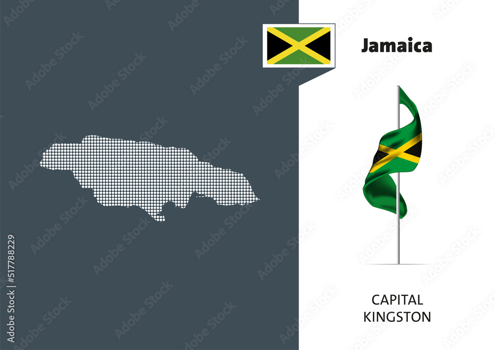 Flag of Jamaica on white background. Dotted map of Jamaica with Capital ...