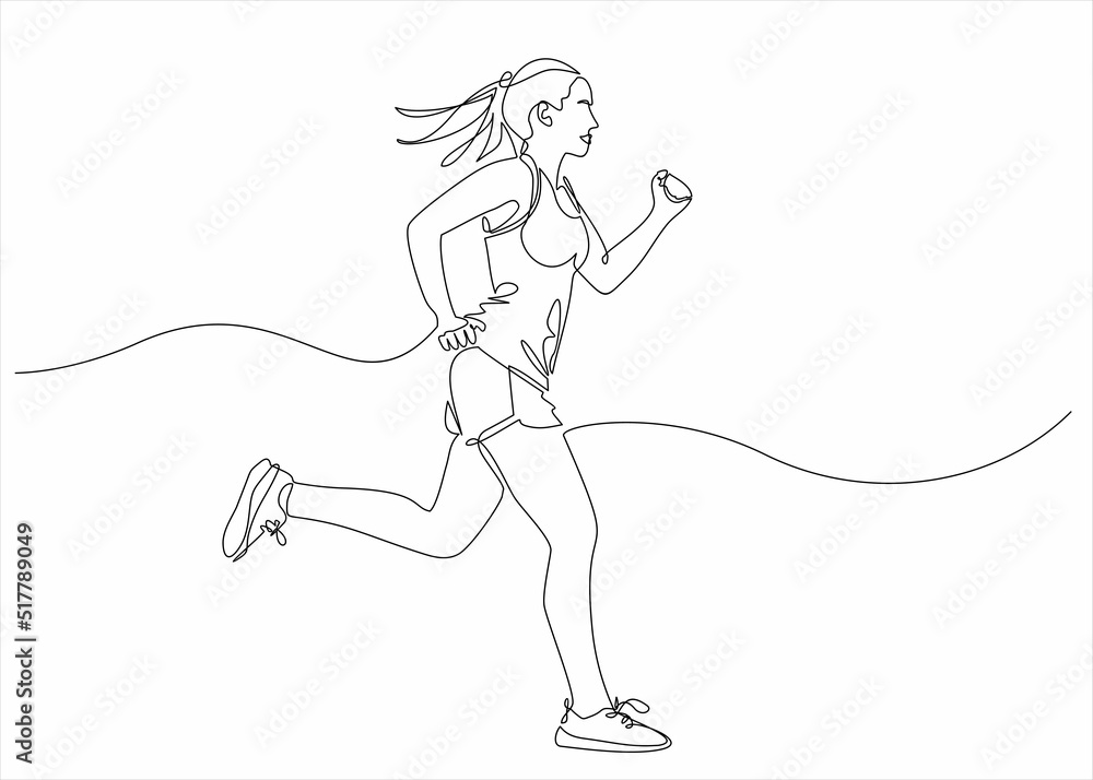 continuous line drawing of running woman with dynamic movement vector ...