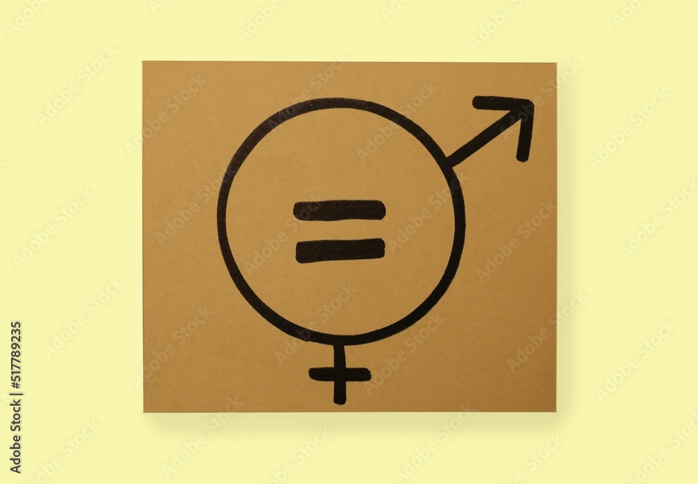 Gender equality. Card with equal sign, male and female symbols on blue ...