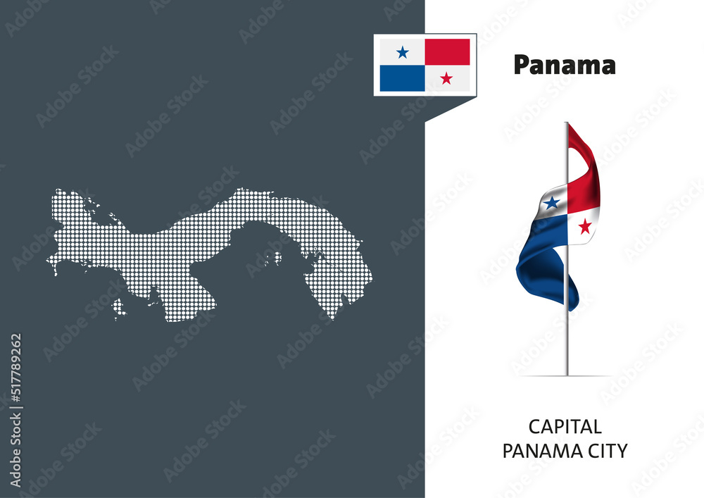 Flag of Panama on white background. Dotted map of Panama with Capital ...