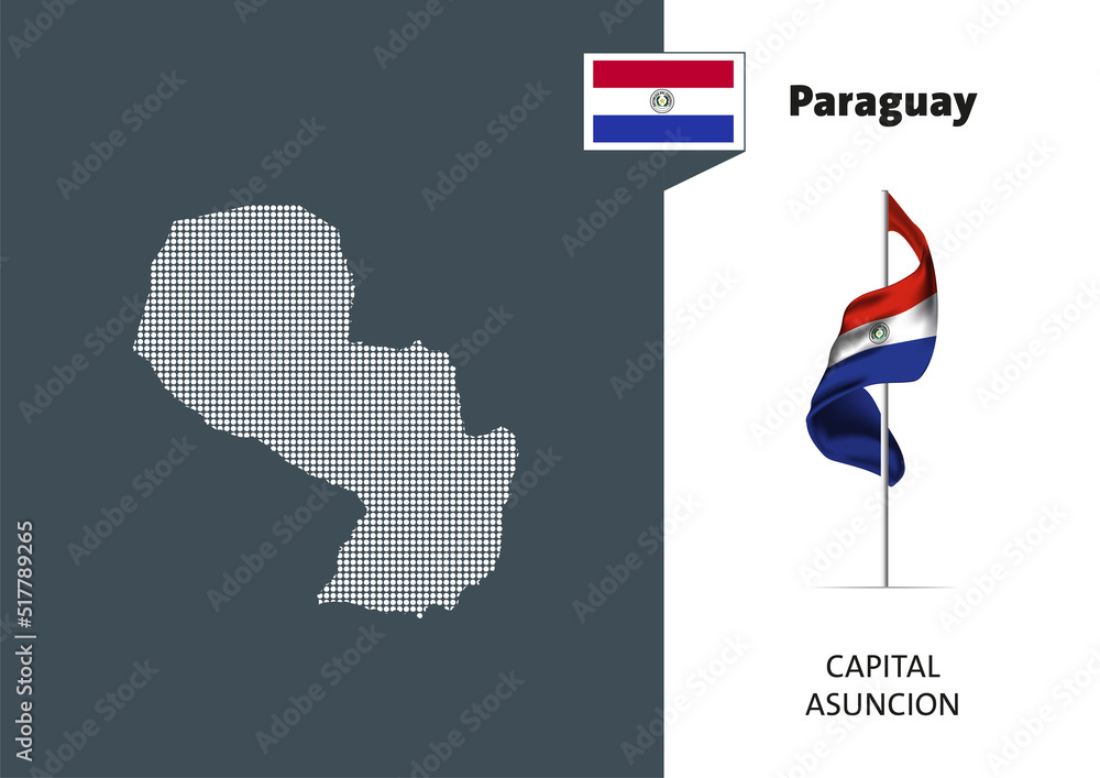 Flag of Paraguay on white background. Dotted map of Paraguay with ...