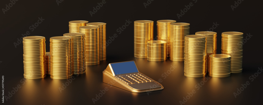 Gold calculator surrounded by piles of gold coins Stock Illustration ...