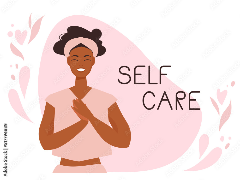 Self care card. Love yourself and take care concept. Cute multi ethnic ...