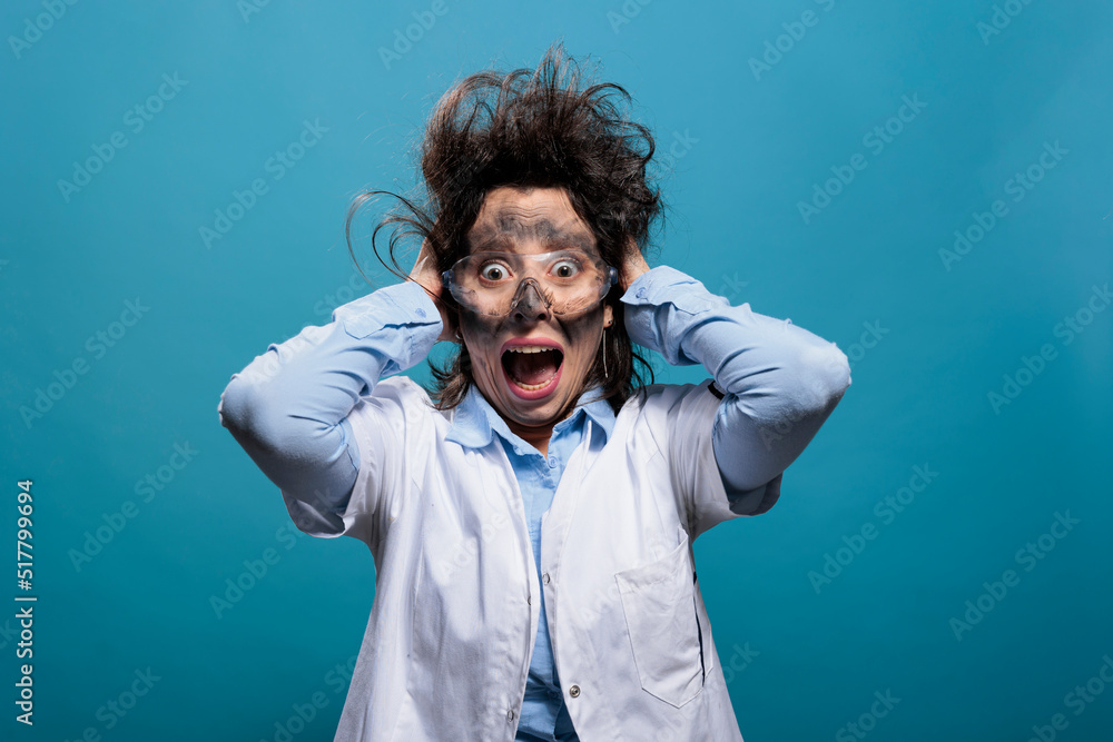 Psycho and scared mad chemist screaming in panic after dangerous ...