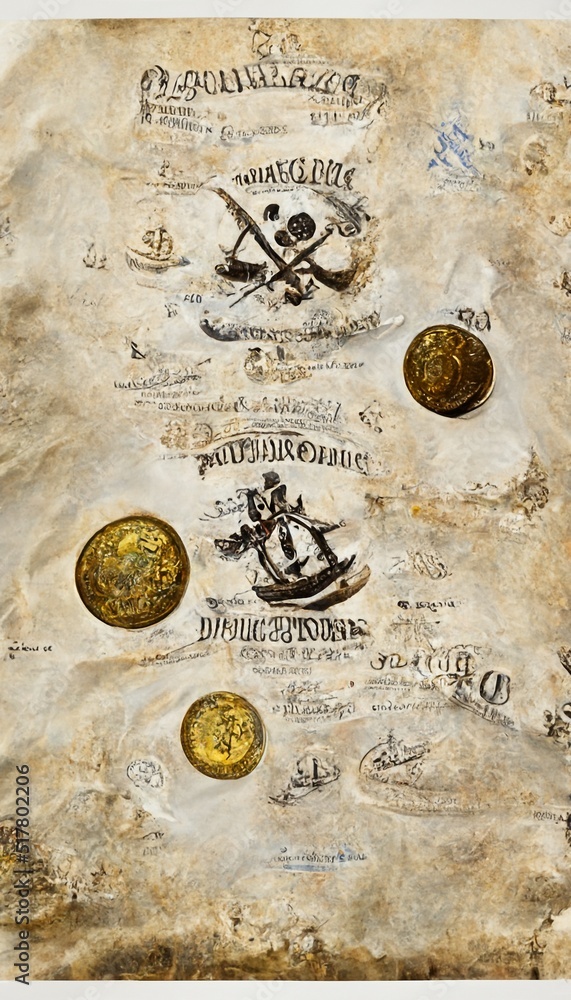 Ilustrace „Pirate doubloons on an old papyrus. Image of old coins on an ...