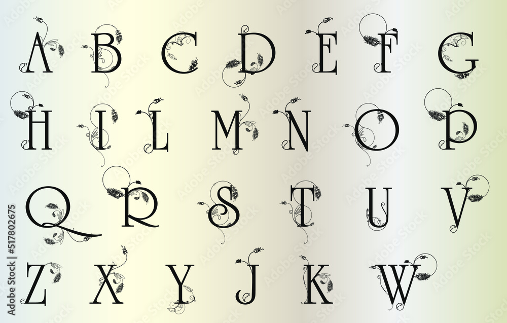 Luxury alphabet set. Elegant letters with floral arrangement, peacock ...