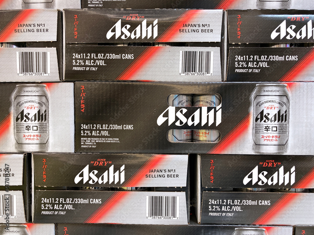 Asahi Super Dry 24 pack beer cans display at grocery store. - San Jose ...