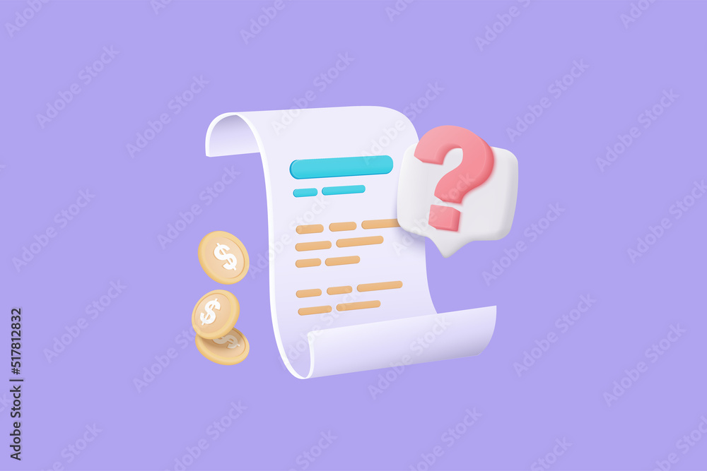 3D bill for payment transaction with money coin. Business invoice bill ...