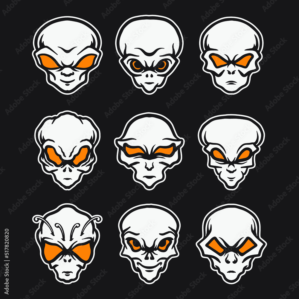 Set of alien head drawing illustration. Stock Vector | Adobe Stock