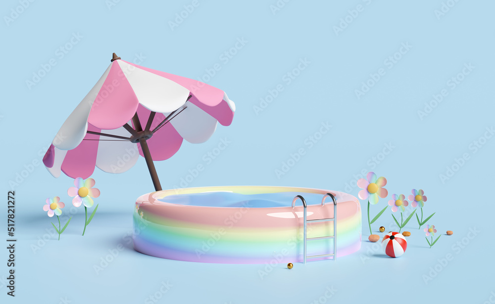 3d inflatable pool with umbrella, beach ball isolated on blue ...