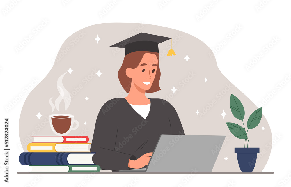 Graduate woman concept. Girl in graduate hat sitting at laptop, student ...