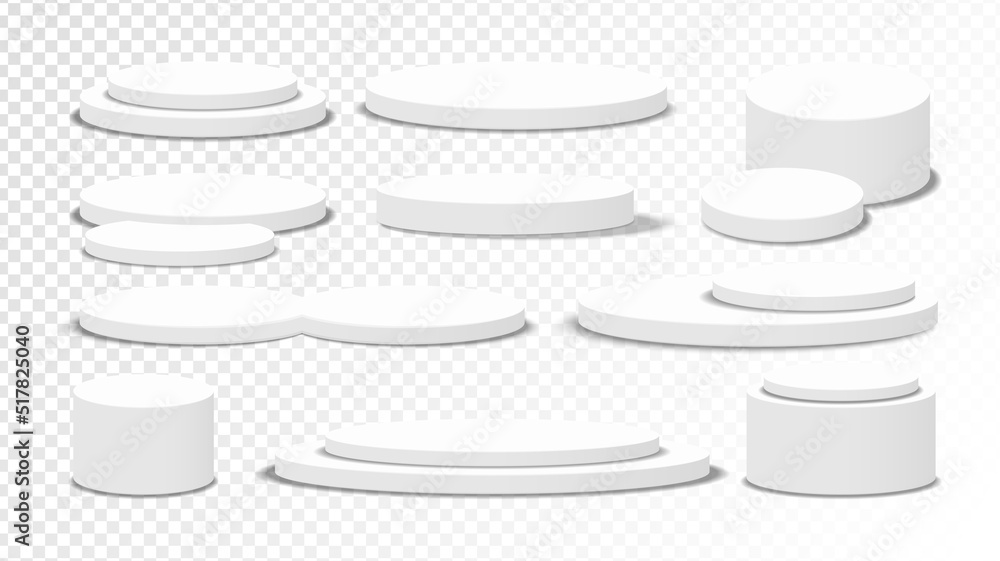 Set of white circle base.Collection of podiums stands isolated on ...