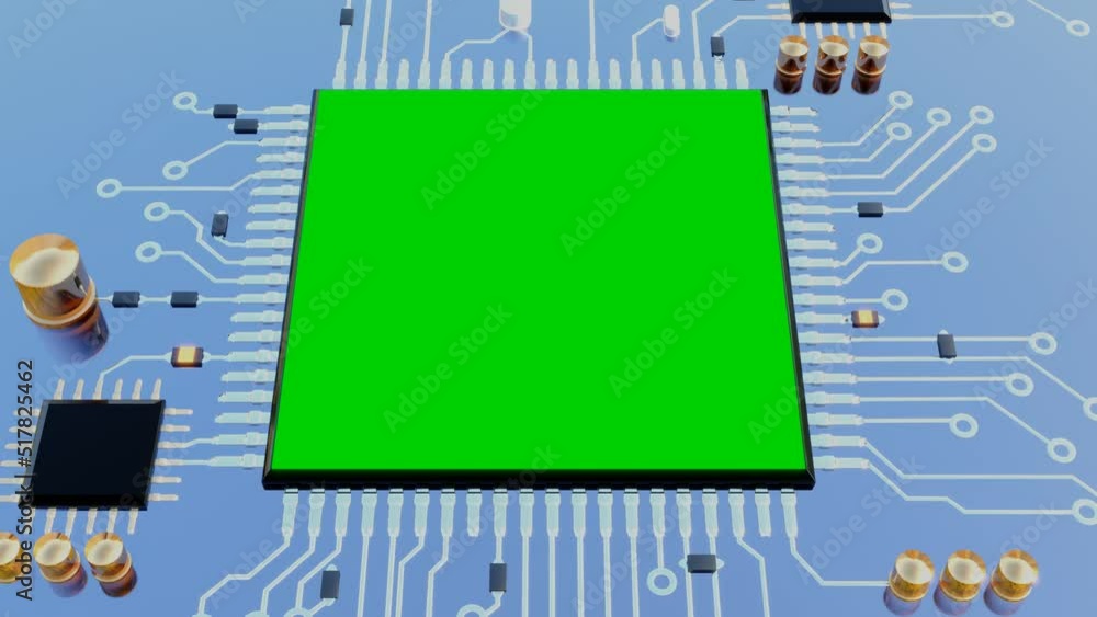 Processor on motherboard with green screen area. 3D render computer ...