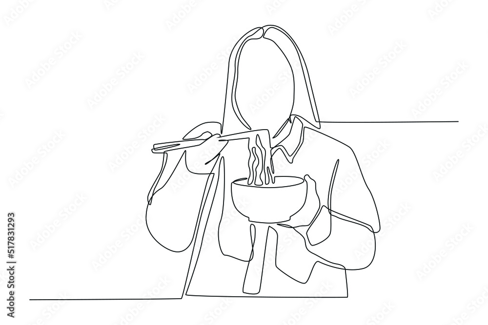 Continuous one line drawing Happy young Asian woman eating Asian ...