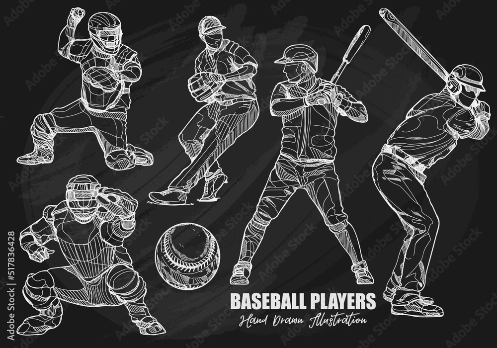 baseball players set. hand drawing of sport on chalkboard. vector ...