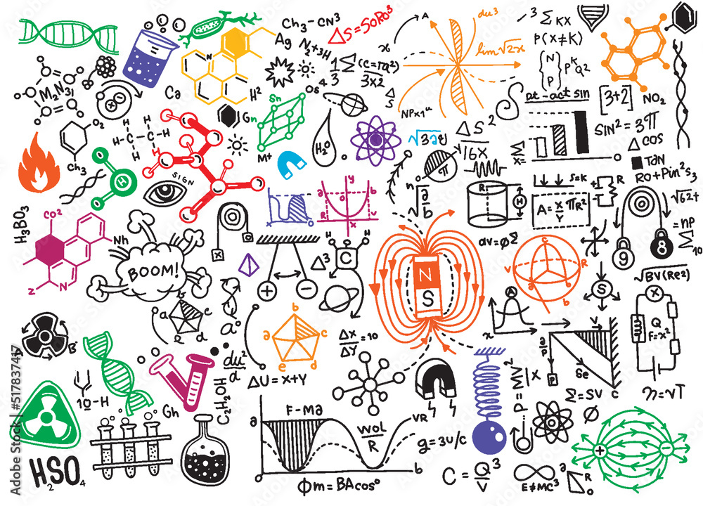 Physical formulas and phenomenon. hand-drawn illustration. sciene ...