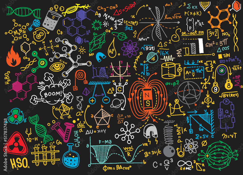 Physical formulas and phenomenon. hand-drawn illustration. sciene ...