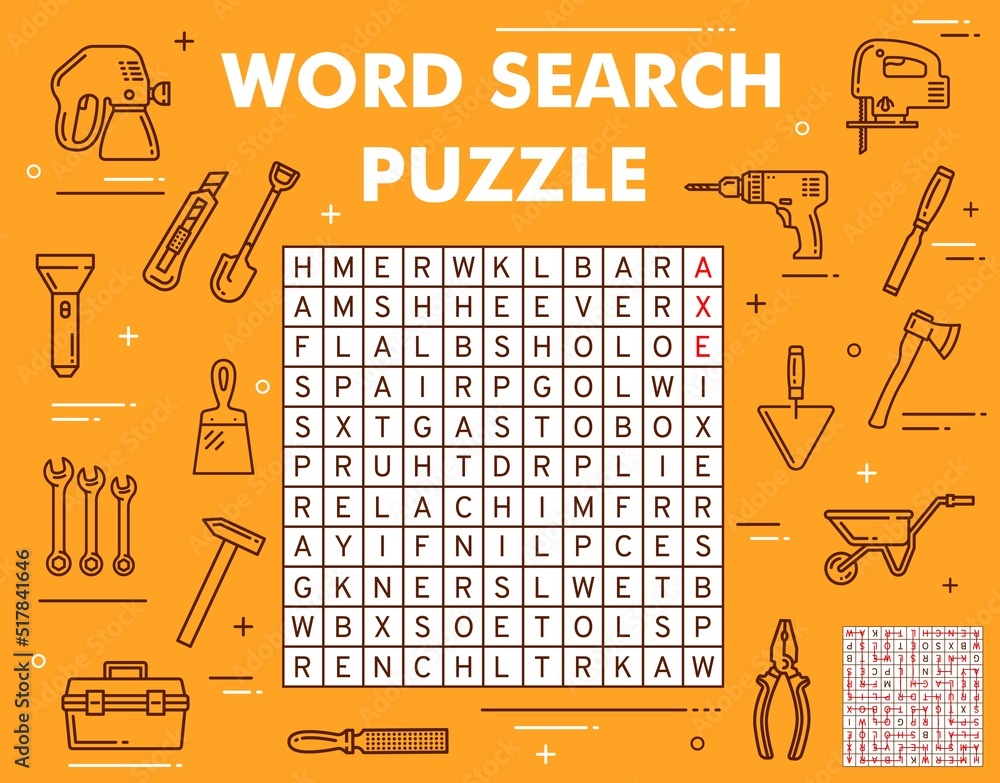 Construction, DIY and repair tools word search puzzle game. Vector ...