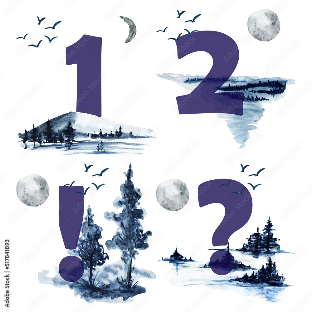 Collection of numbers on blue watercolor background of nature,mountains ...