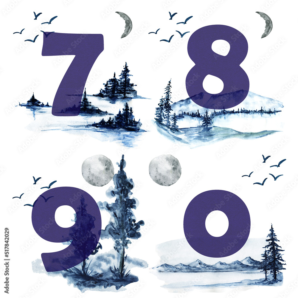 Collection of numbers on blue watercolor background of nature,mountains ...