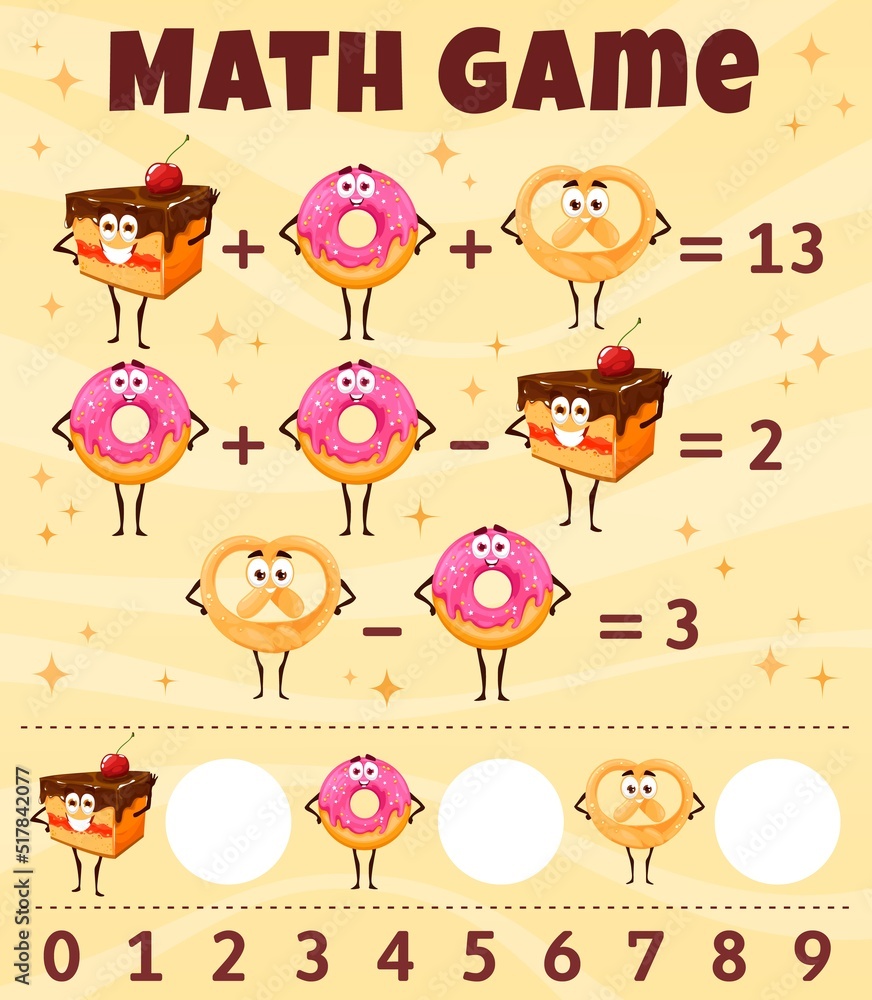 Cartoon desserts and bakery characters math game worksheet, vector ...