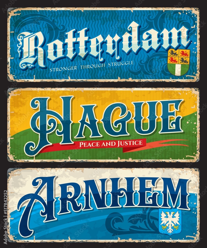 Rotterdam, Hague, Arnhem, Dutch city travel stickers and plates of ...