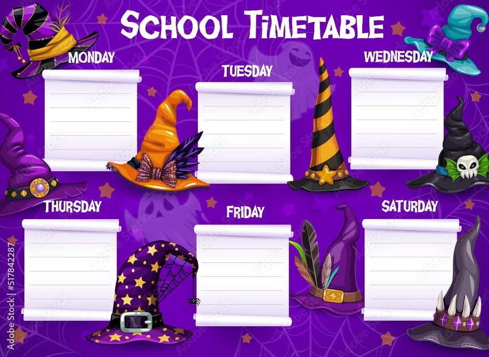 Halloween education timetable schedule, cobweb, ghosts witch and wizard ...