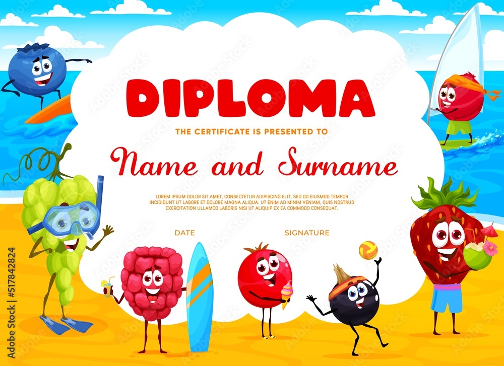 Cartoon berry characters on summer beach vacations, Kids diploma or ...