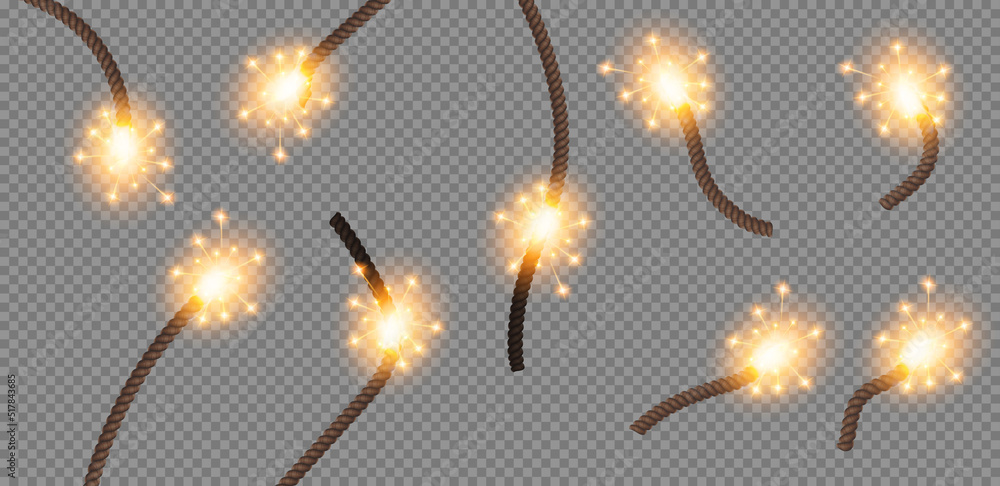 Bomb or dynamite fuses, burning wicks with fire and sparks isolated on ...