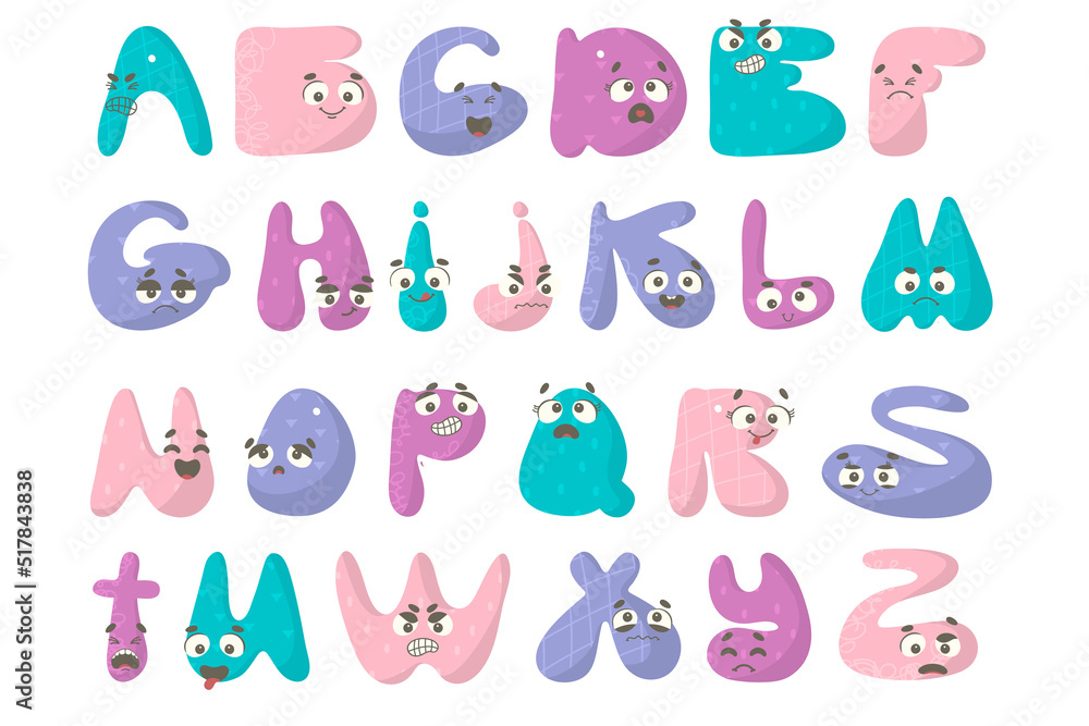 Cute hand drawn alphabet with eyes and lashes. Doodle letters with ...