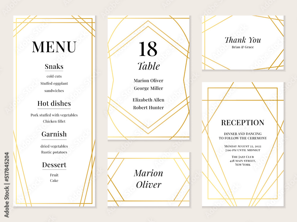 Golden elegant wedding menu with frame and text. Invitation elegant ...