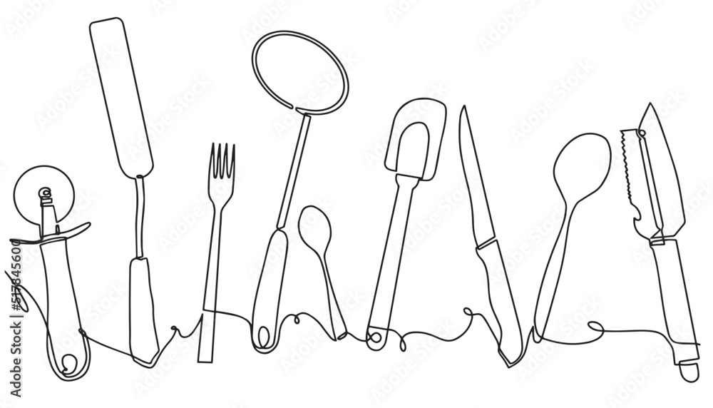 Cutlery background sketch. Single line drawing of isolated kitchen ...